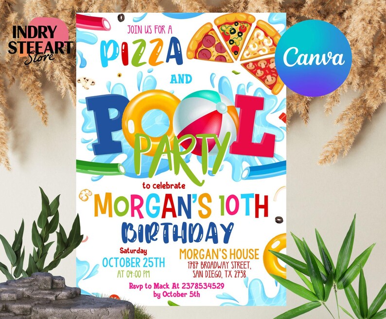 Pizza Pool Party Invitation, Boy Pool Party, Pizza and Pool Party ...