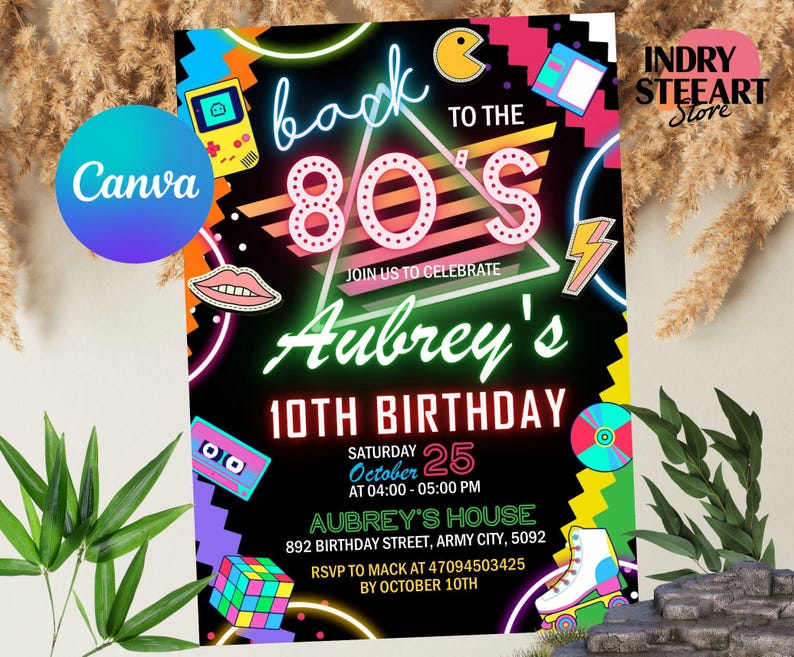 Editable 80's Birthday Party Invitation, Back to the 80's, 80's Party Invitation, Neon Party ...
