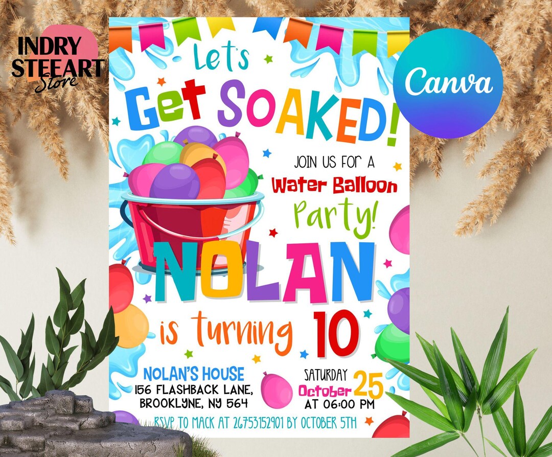 Editable Water Balloon Birthday Invitation, Water Splash Party ...
