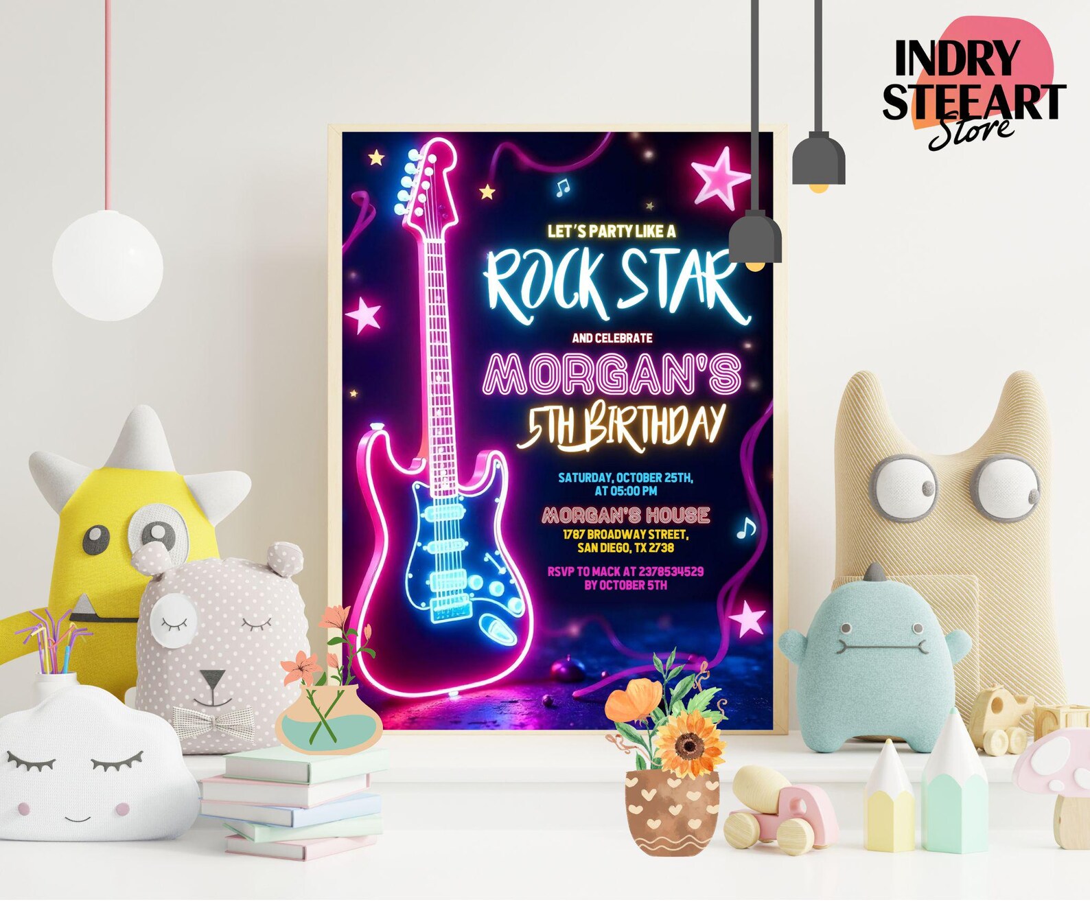 Editable Rock Star Birthday Party Invitation, Neon Glow Party Like A ...