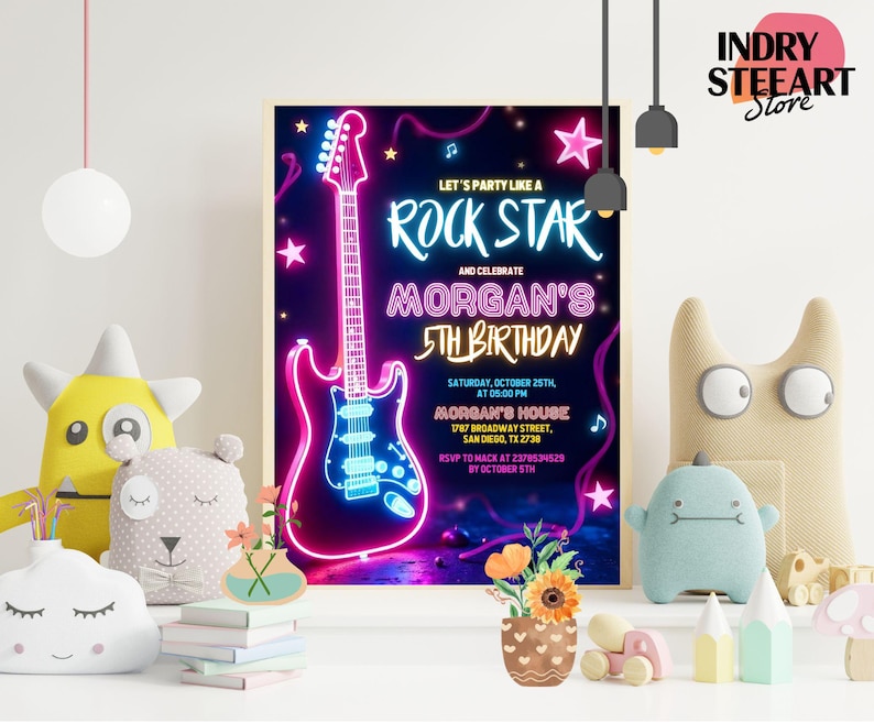 Editable Rock Star Birthday Party Invitation, Neon Glow Party Like A ...