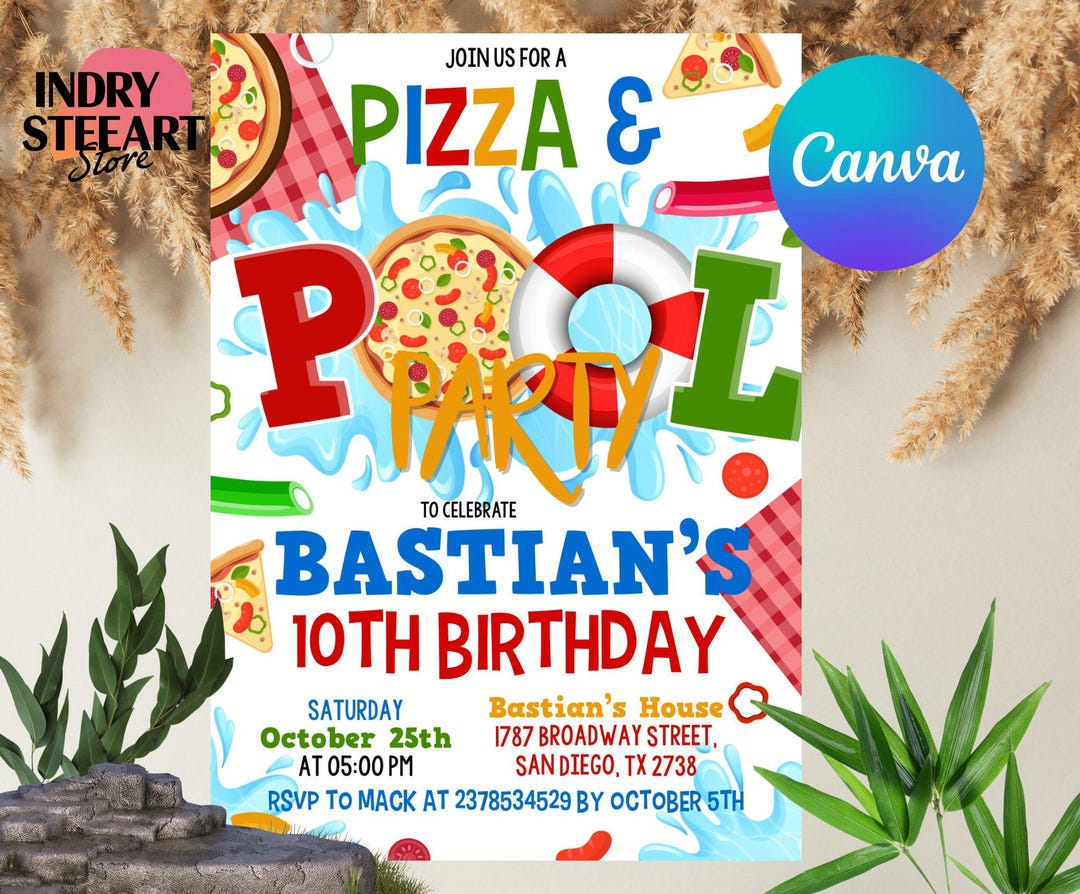 Pizza Pool Party Invitation, Boy Pool Party, Pizza and Pool Party ...