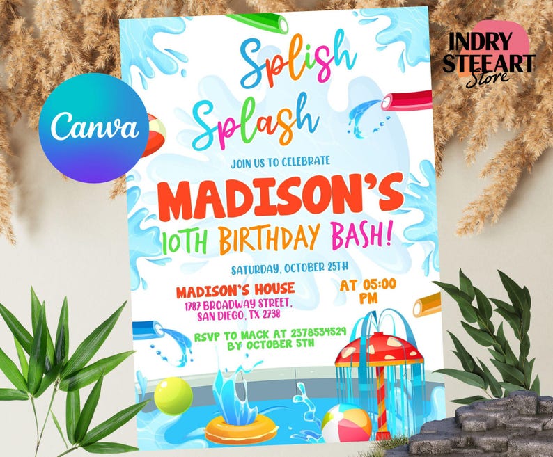 Editable Splish Splash Invitation, Splash Pad Party Invitation, Water Park Party Invitation ...