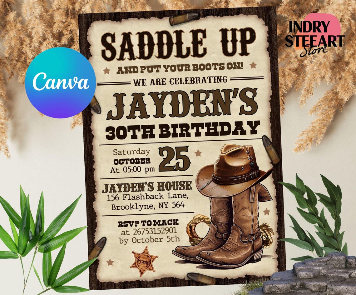 Invitación de cumpleaños de vaquero, editable, estilo country western ...