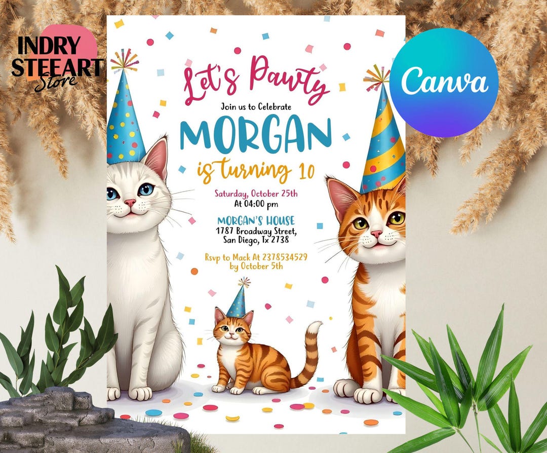 Cat Birthday Invitation, Cat Birthday Invite, Cat Birthday Invitation ...