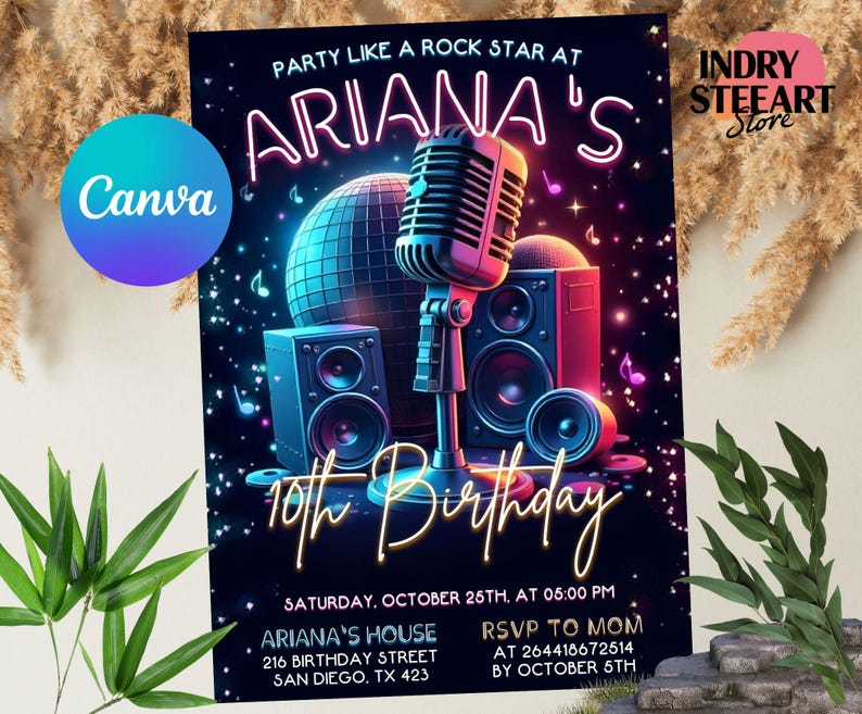 Karaoke Party Birthday Invitation, Glow Karaoke Birthday Party, Neon ...