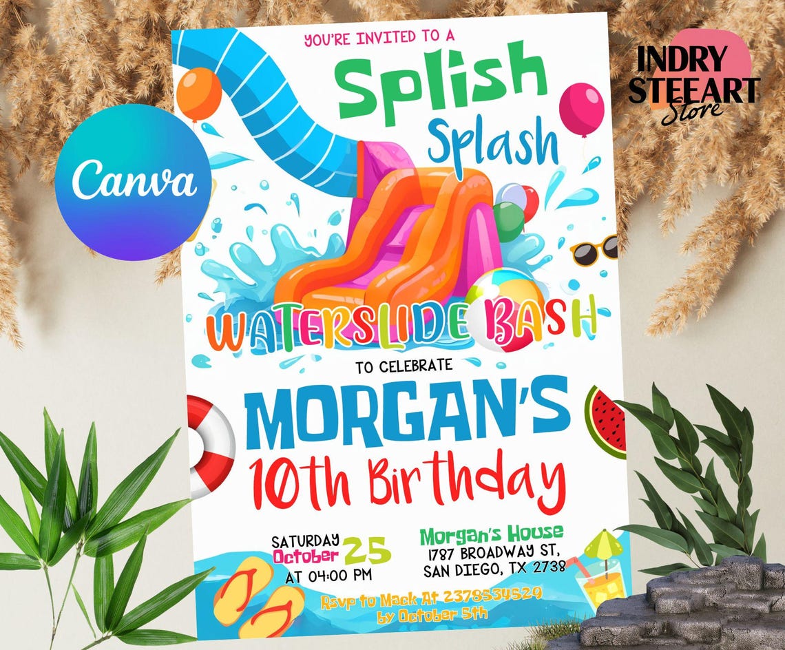 Editable Waterslide Birthday Invitation, Water Slide Invitation, Boy ...