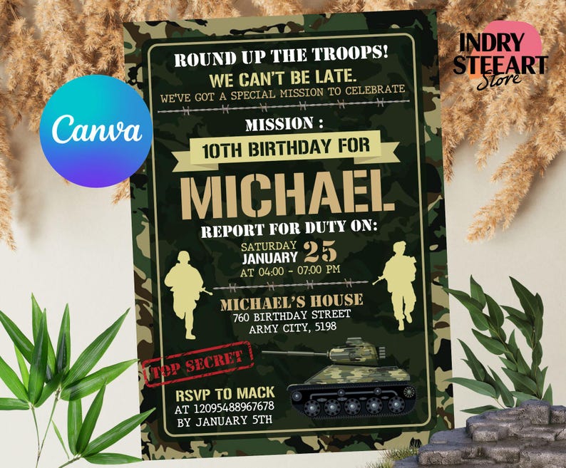 Editable Army Birthday Invitation, Military Party Invitations, Soldier ...