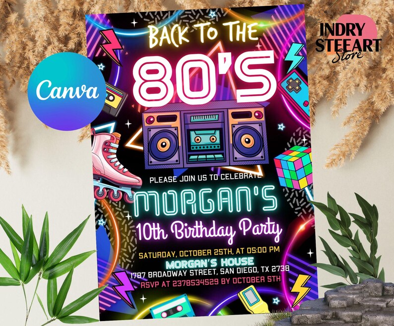 Editable 80s Birthday Party Invitation, Back to the 80s, Throwback Party, Neon Party, Glow Dance ...