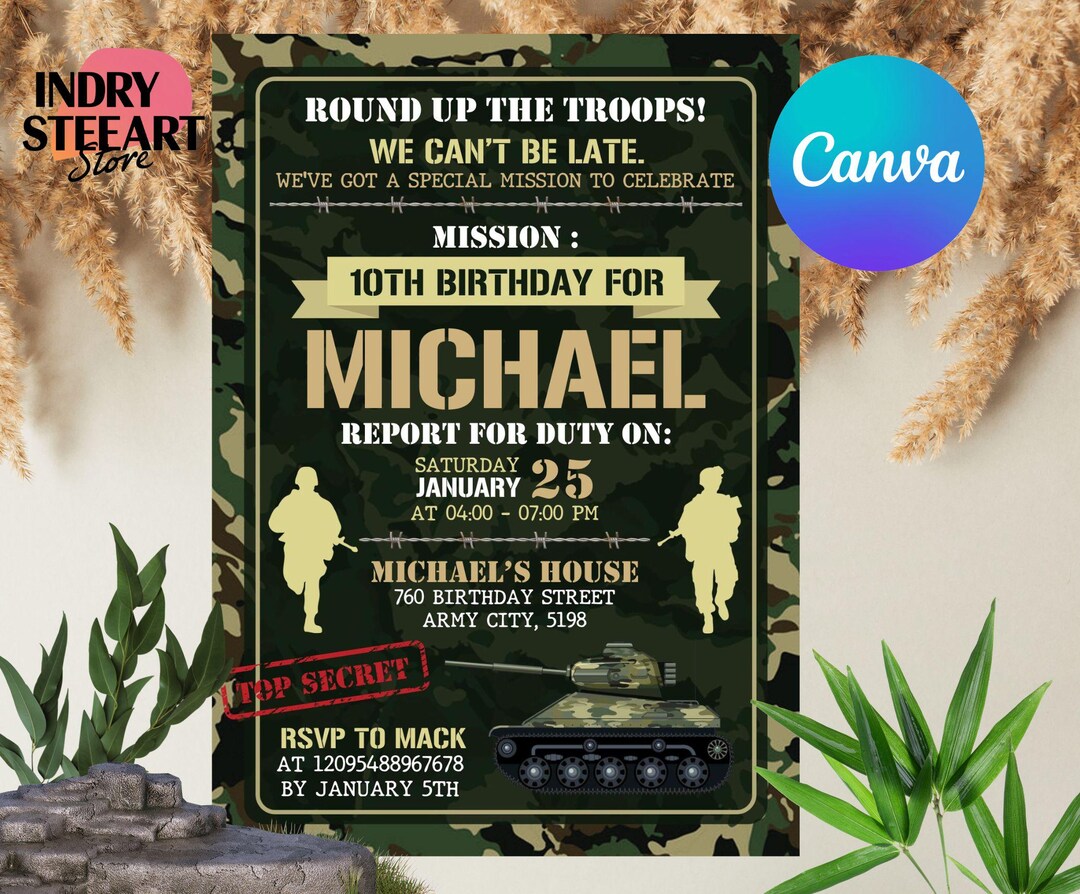 Editable Army Birthday Invitation, Military Party Invitations, Soldier ...
