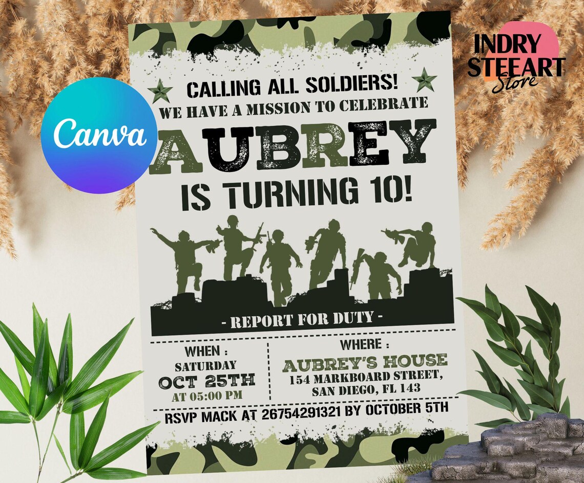 Editable Army Birthday Invitation, Military Party Invitations, Soldier ...