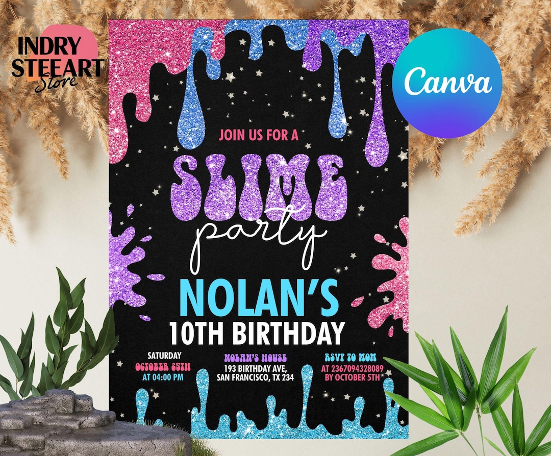Slime Birthday Invitation, Neon Glow Slime Party Invite, Glitter Slime ...