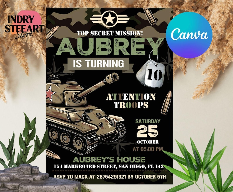 Editable Army Birthday Invitation, Military Party Invitations, Soldier ...