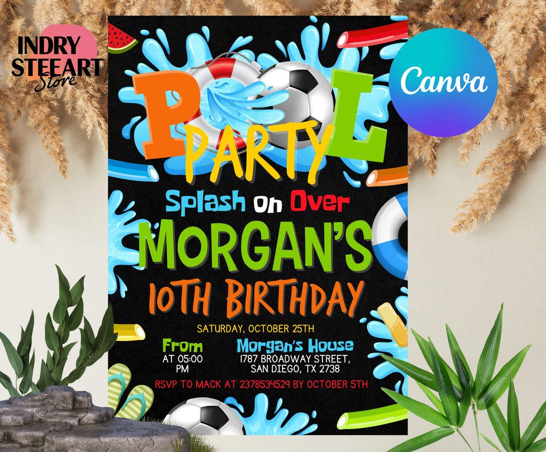 Soccer Pool Party Invitation, Boy Pool Party, Soccer and Pool Party ...