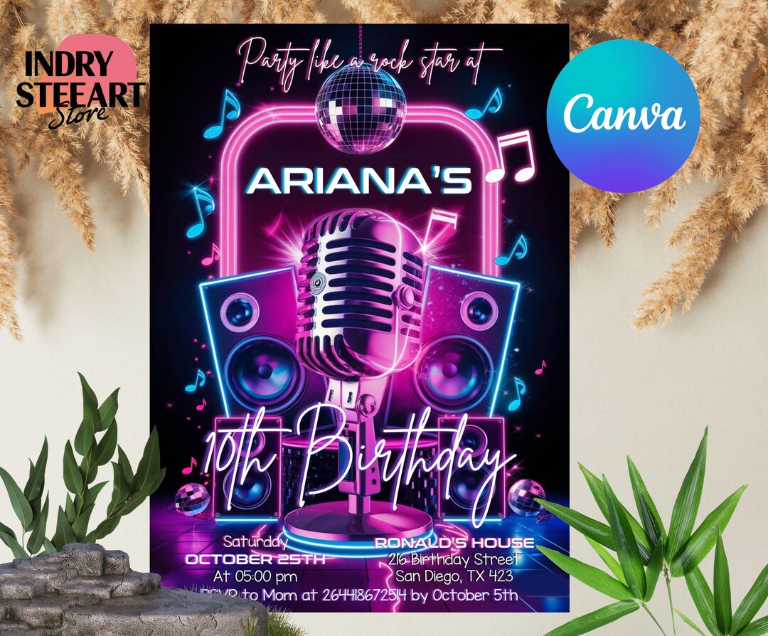 Karaoke Birthday Party Invitation, Glow Karaoke Party Invitation, Neon ...