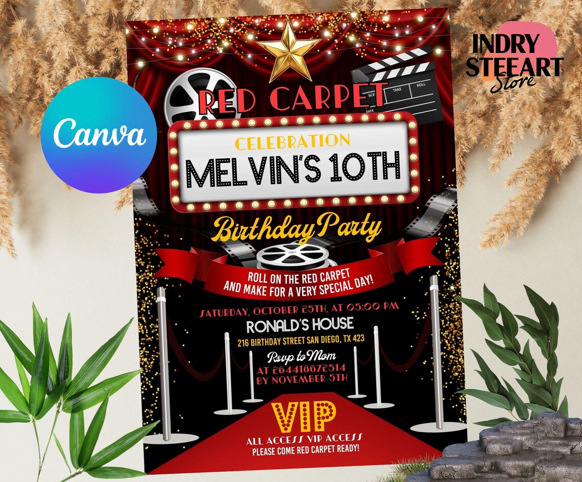 Editable Red Carpet Birthday Invitation, Red Carpet Event Hollywood ...