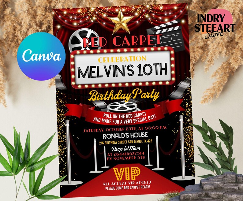 Editable Red Carpet Birthday Invitation, Red Carpet Event Hollywood ...