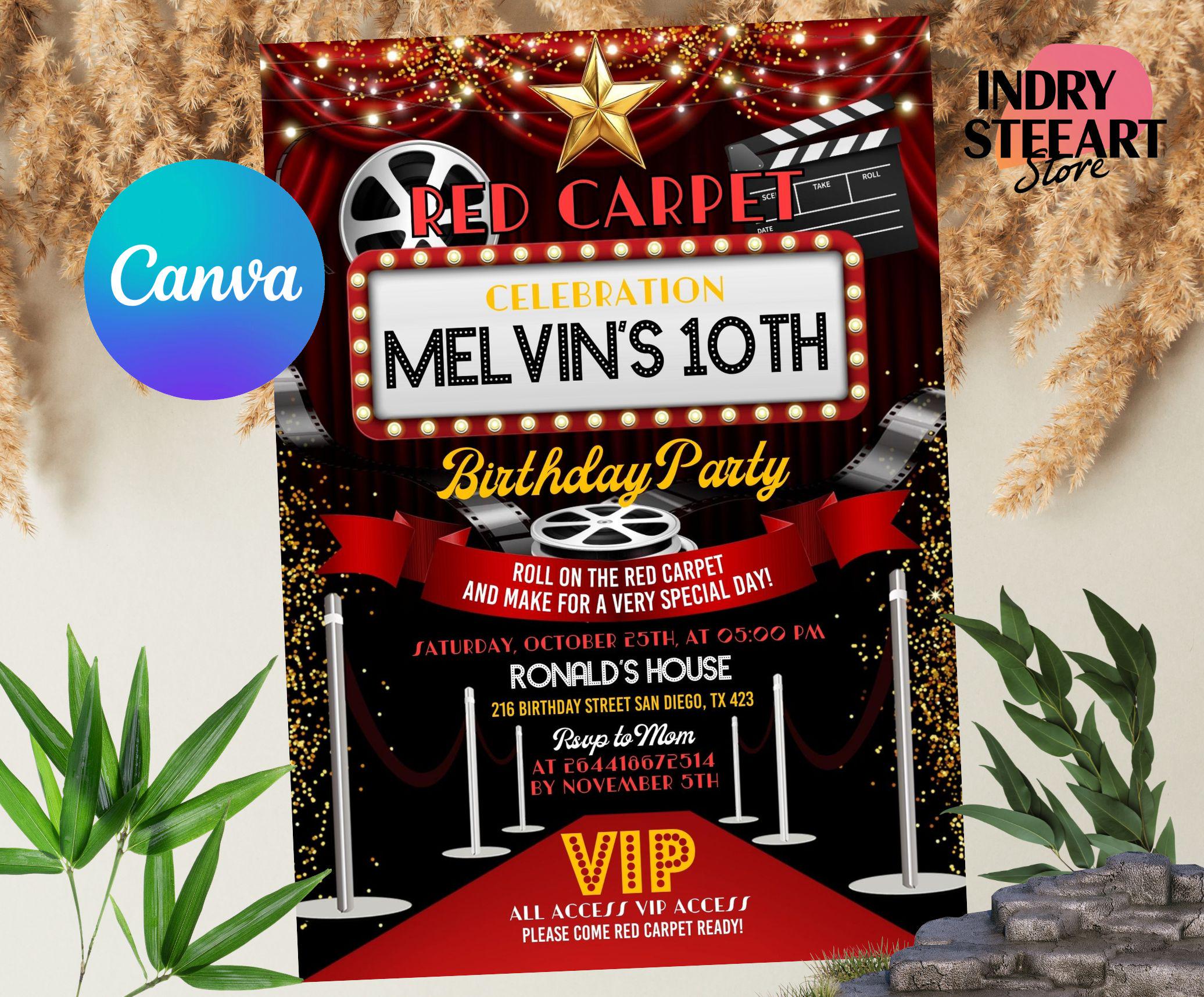 Editable Red Carpet Birthday Invitation, Red Carpet Event Hollywood ...