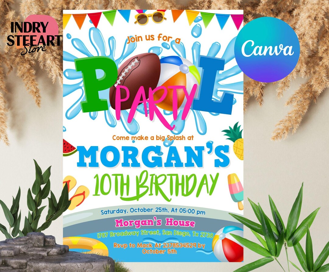 Editable Football Pool Party Invitation, Pool Birthday Invitation ...