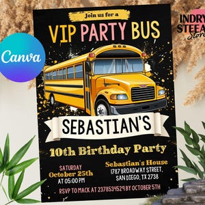 School Bus Birthday Invitation, Bus Party Invite Boy Girl Yellow Fun Back to School Template ...