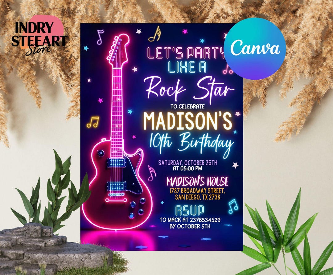 Rockstar Invitation, Rock Star Birthday Party Invitation, Guitar ...