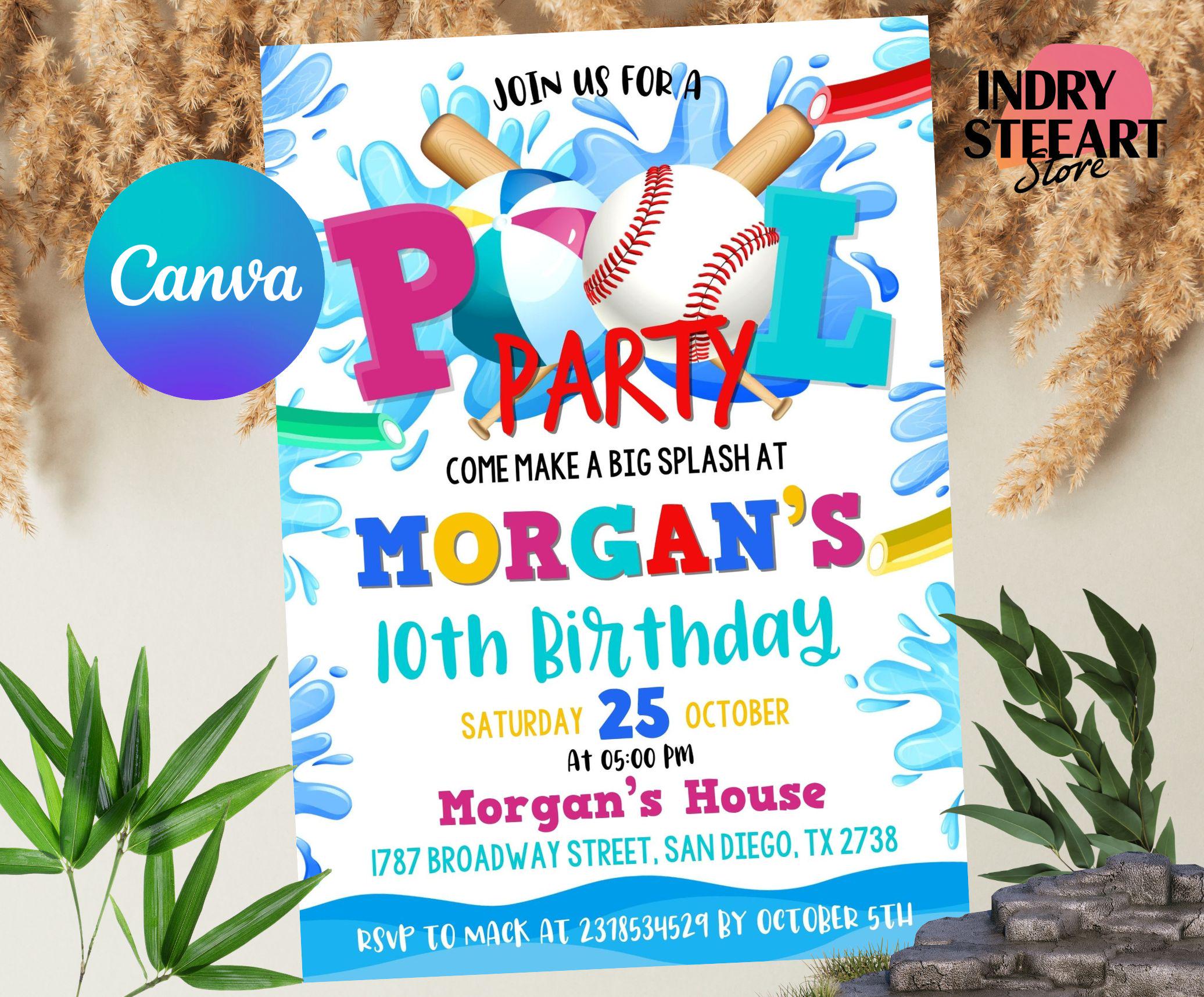 Editable Baseball Pool Birthday Party Invitation, Sports Birthday ...