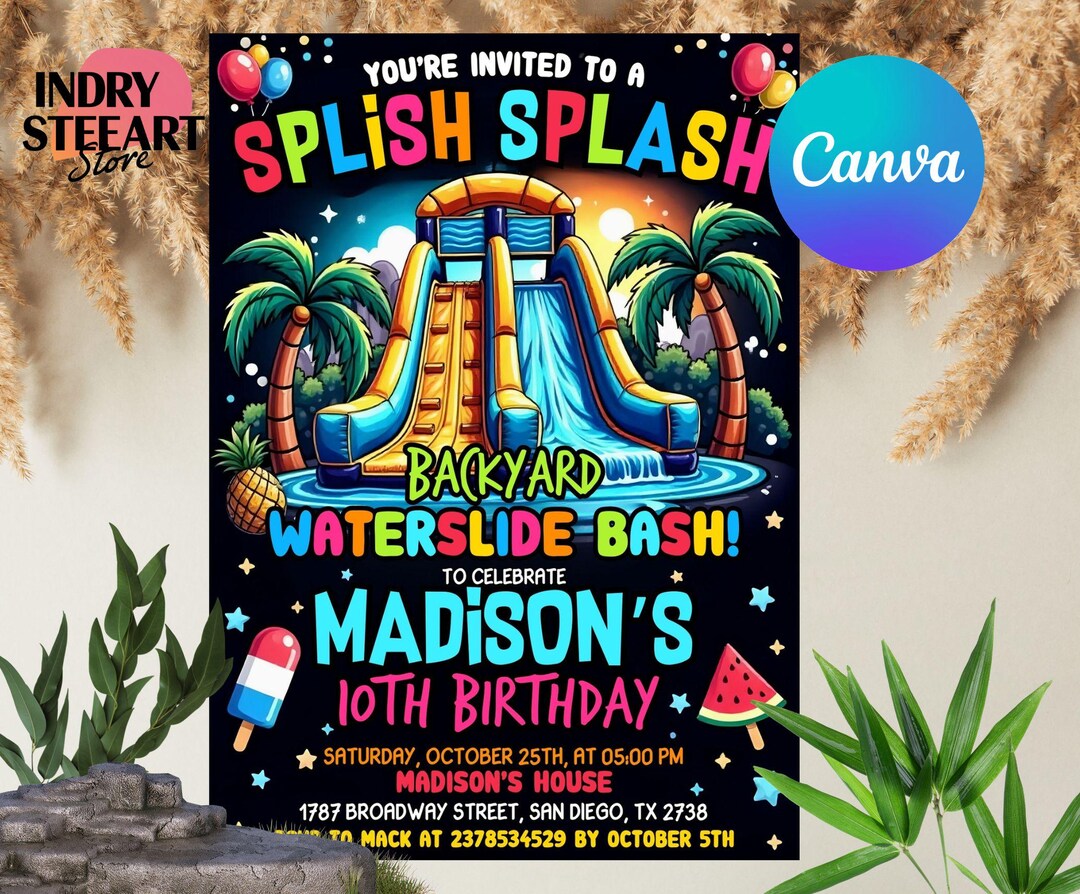 Editable Waterslide Birthday Invitation - Summer Pool Party - Splash ...