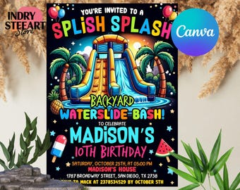Editable Waterslide Birthday Invitation - Summer Pool Party - Splash ...