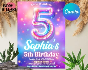 5th Birthday Invitation Girl Party 5 Year Old Editable Instant Invite ...