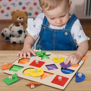 Wooden Shape Peg Puzzle, 12 Piece Colorful Shape Cognition Knob Puzzle ...