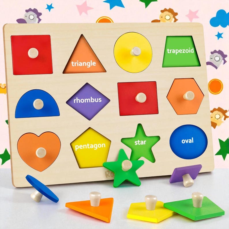 Wooden Shape Peg Puzzle, 12 Piece Colorful Shape Cognition Knob Puzzle ...