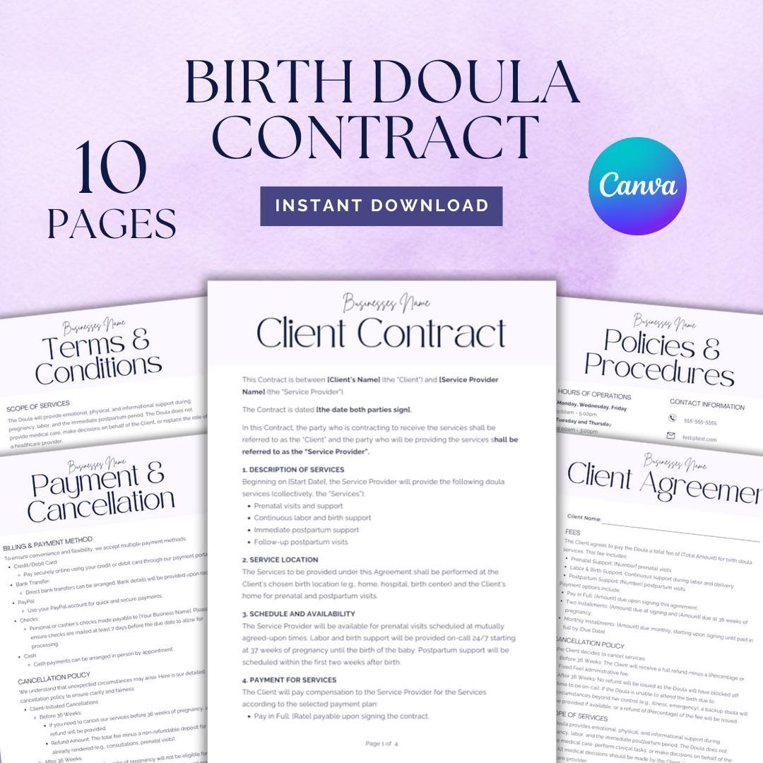Birth Doula Contract Template, Birth Doula Business Tools, Birth Doula ...