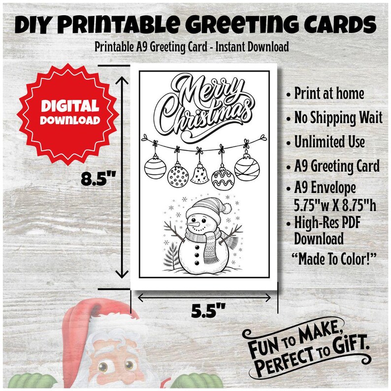 Printable Christmas DIY Coloring Card | Holiday Coloring Greeting Card ...