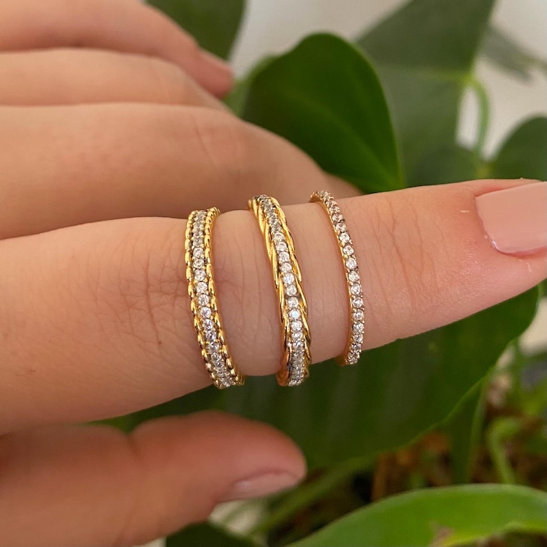 14k Solid Gold Diamond Eternity Band Ring / Dainty Stackable Wedding ...