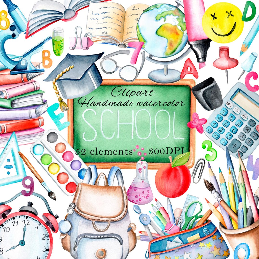 School Subjects Watercolor Clipart, School Supplies Clipart, Books ...