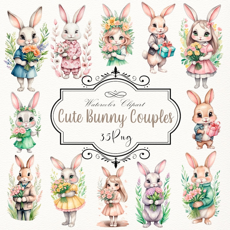 Watercolor Bunny Clipart, Spring Rabbit PNG, Cute Bunny Couples, Floral ...