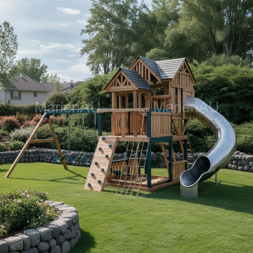 Large Wooden Backyard Playground With Dual Towers, Metal Tube Slide ...