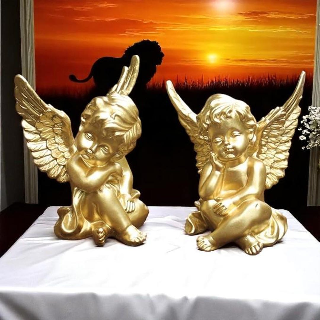 Set of 2 Cherub Angels Resin Statue Figurine, Indoor Home Decor ...
