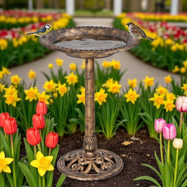 Bronze 28" Pedestal Bird Bath Outdoor Garden Decor Antique Style Resin ...