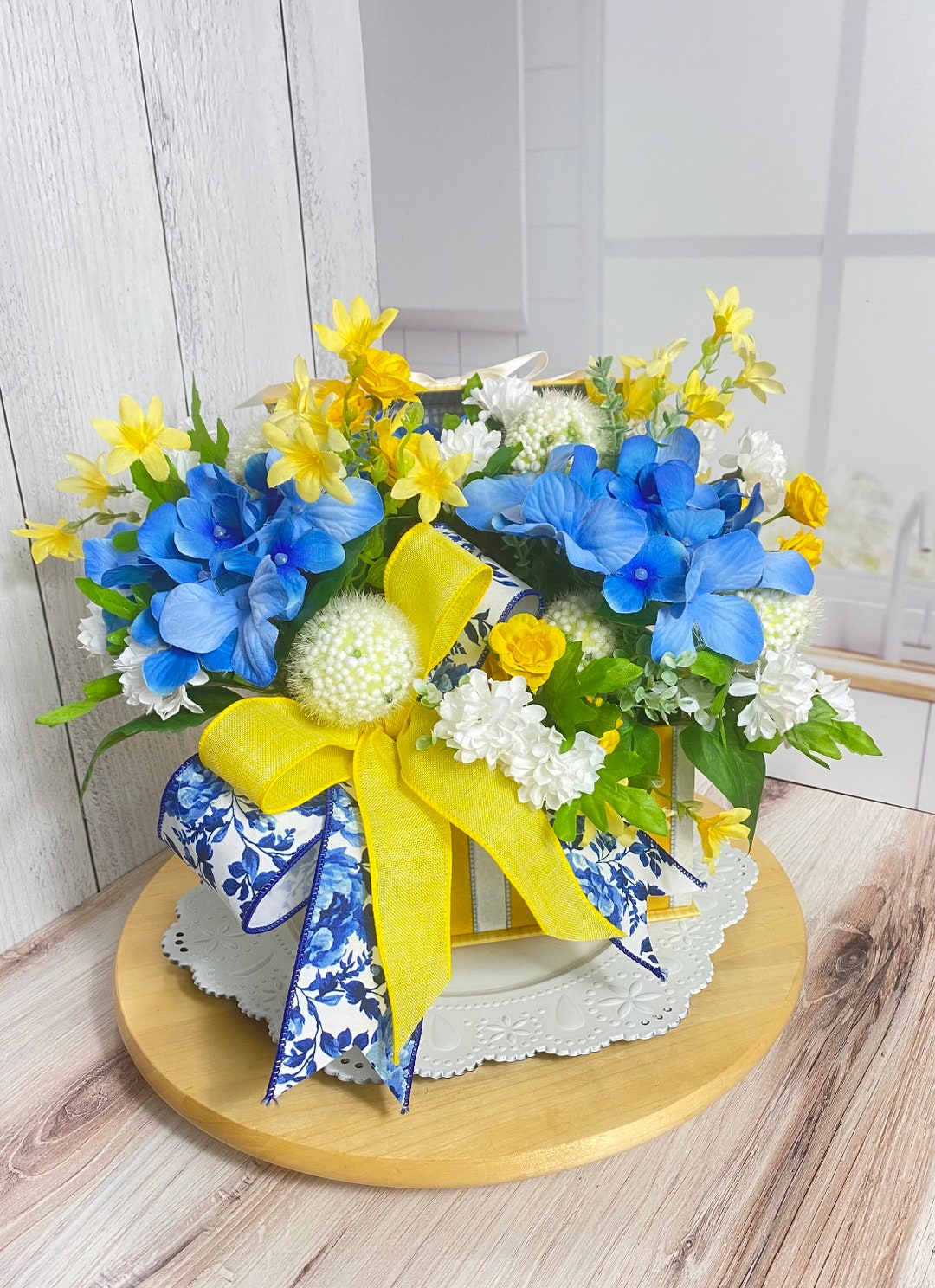 Spring Floral Centerpiece, Gift for Mom, Blue and Yellow Centerpiece ...