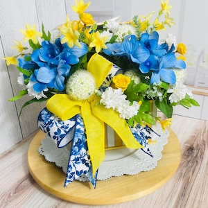 Spring Floral Centerpiece, Gift for Mom, Blue and Yellow Centerpiece ...