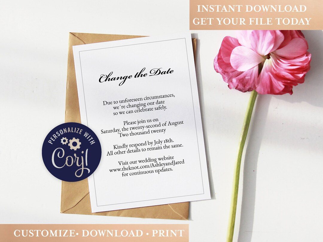 Change the Date Card -- Custom Printable Insert, Wedding Date Change ...