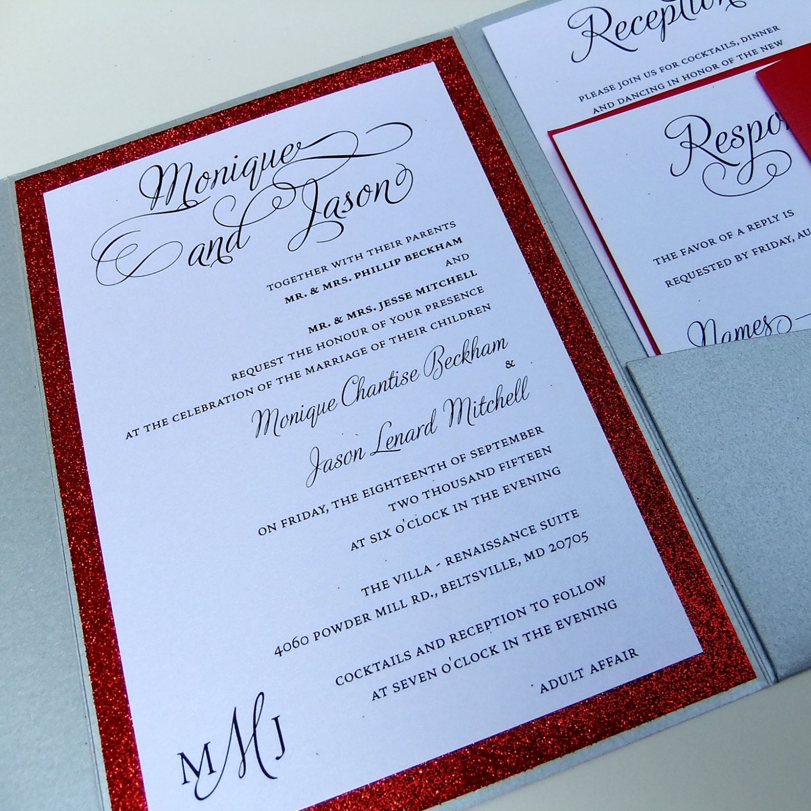 Red and Silver Glitter Wedding Invitation Pocketfold - Etsy