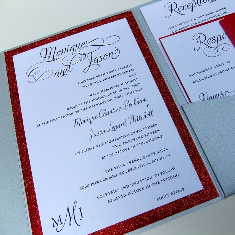 Red and Silver Glitter Wedding Invitation Pocketfold - Etsy
