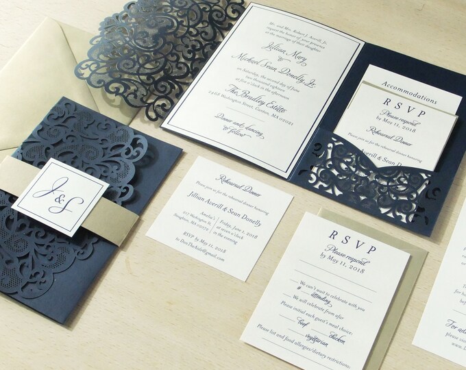 Navy Laser Cut Wedding Invitation Kit - Navy and Gold Wedding Invite ...