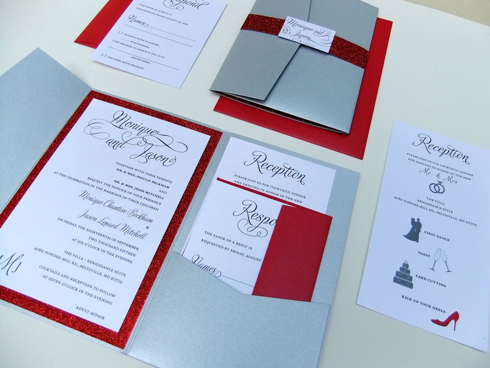 Red and Silver Glitter Wedding Invitation Pocketfold - Etsy