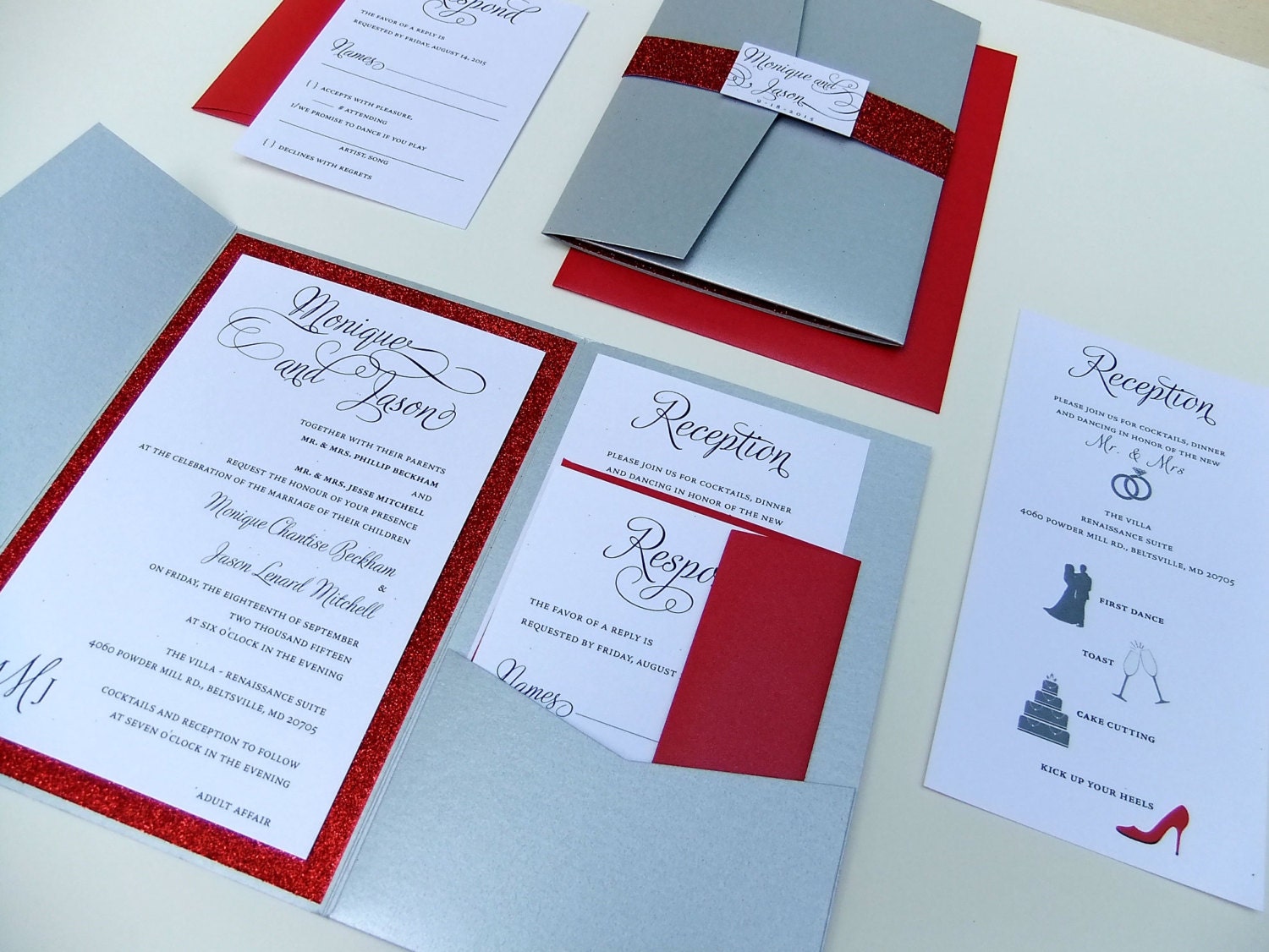Red and Silver Glitter Wedding Invitation Pocketfold - Etsy