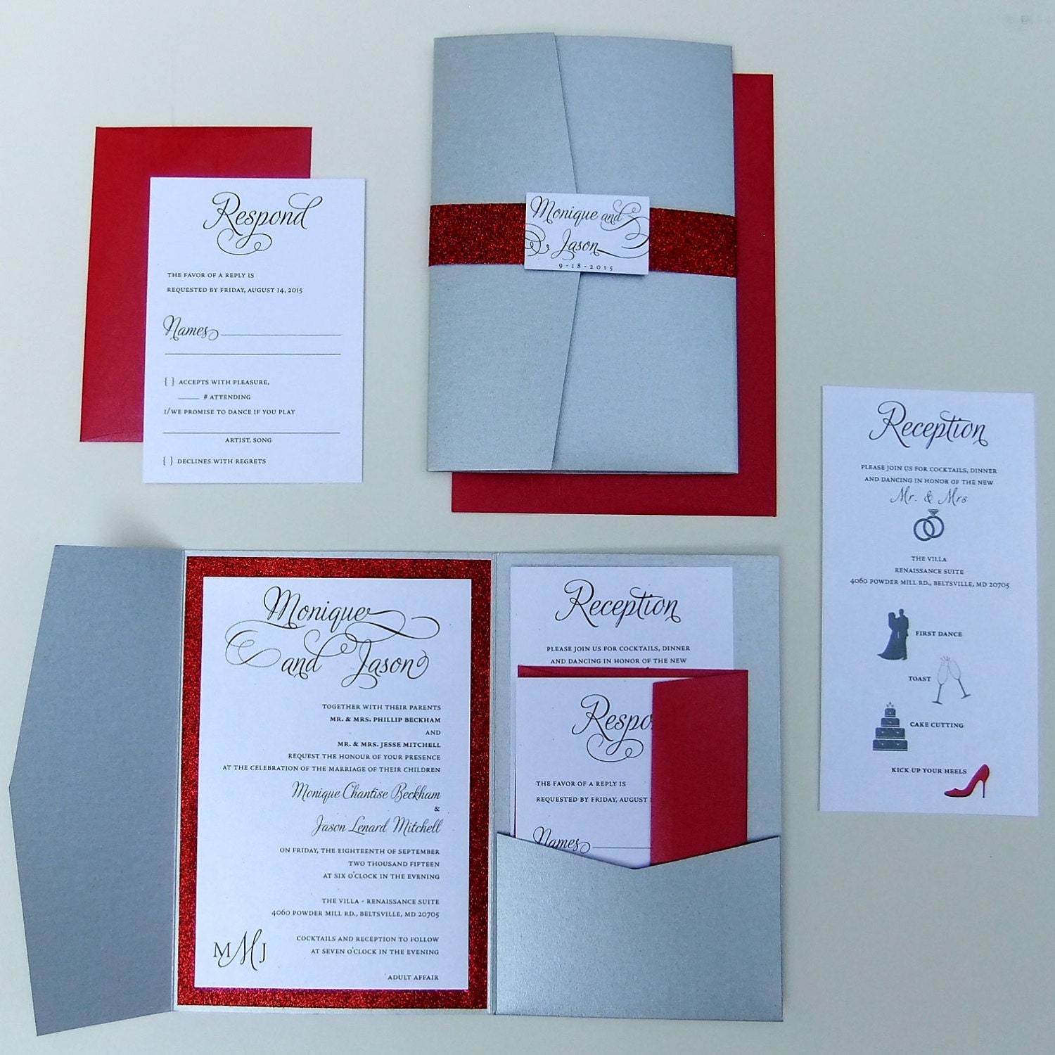 Red and Silver Glitter Wedding Invitation Pocketfold - Etsy