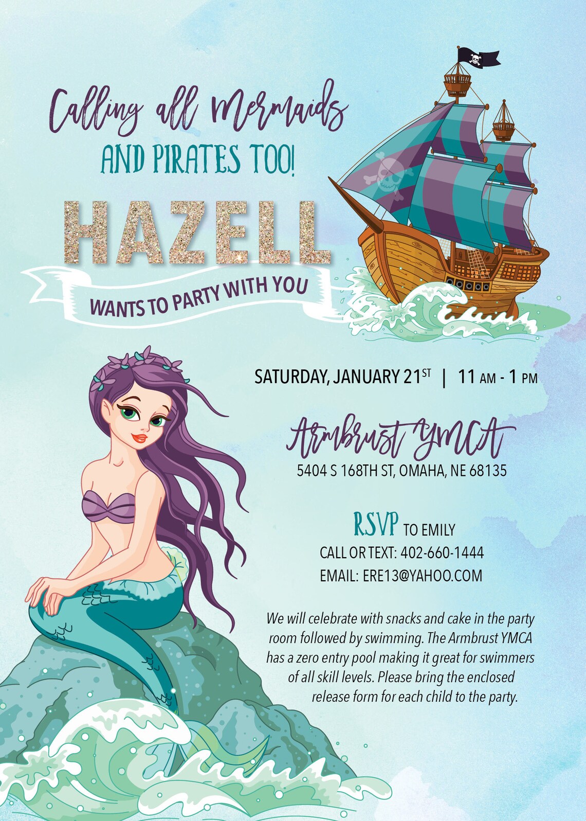Mermaid Invitation Printable Invite Pirate Party Girls | Etsy