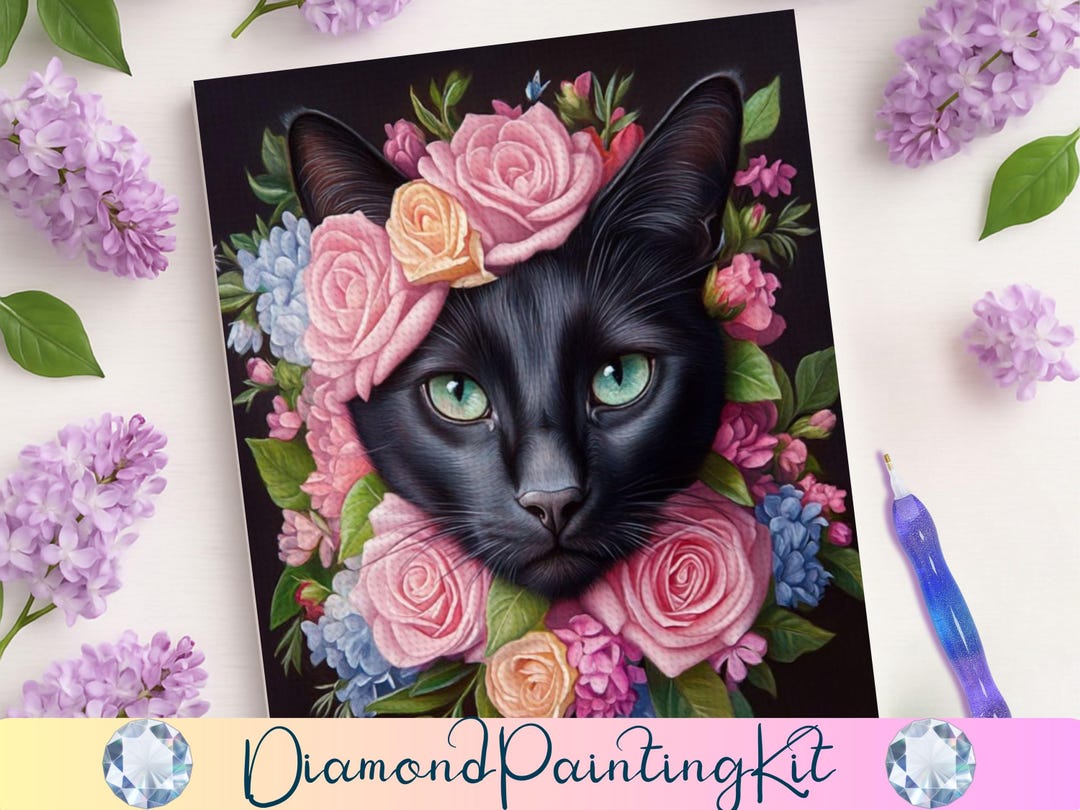 Floral Black Cat Diamond Painting Kit: Elegant Feline Roses Portrait - Etsy